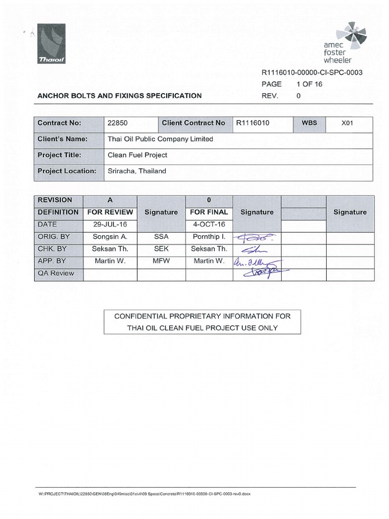 R1116010-00000-CI-SPC-0003-0-Anchor Bolt | PDF | Screw | Structural Steel