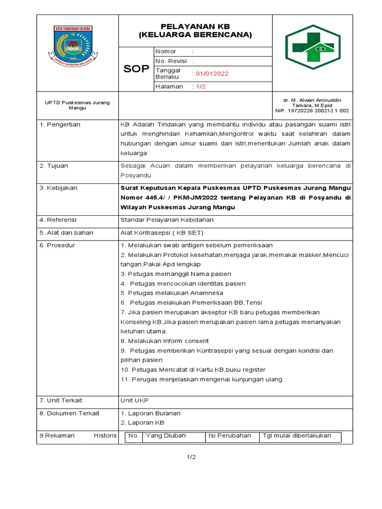 Sop Pelayanan KB 2022 | PDF