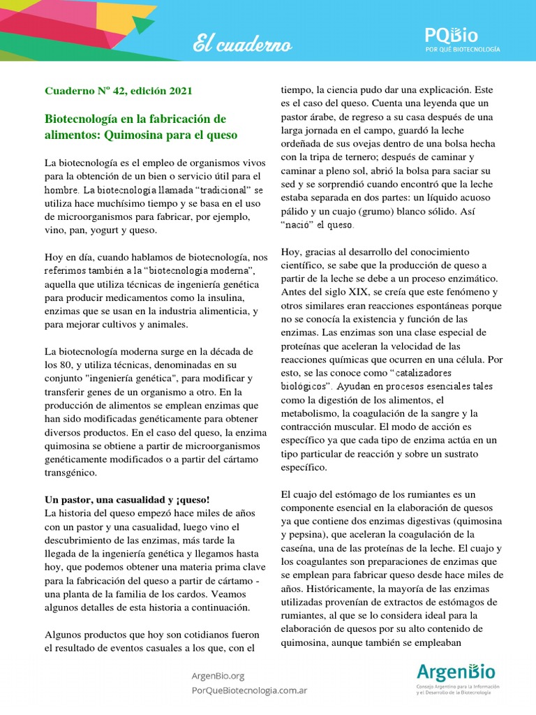 El Cuaderno 42 Biotecnologia y Alimentos Quimosina para El Queso | PDF ...