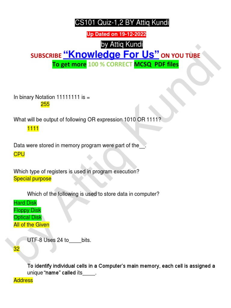 CS101 Quiz 1,2 by Attiq Kundi-Updated On 19-Dec-2022 | PDF | Computer Data Storage | Internet