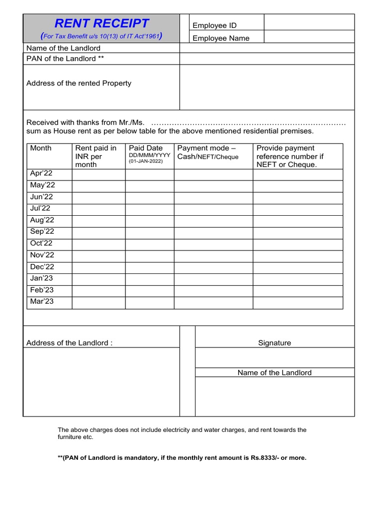 Rent Receipt Template for Tax Benefits | PDF | Law