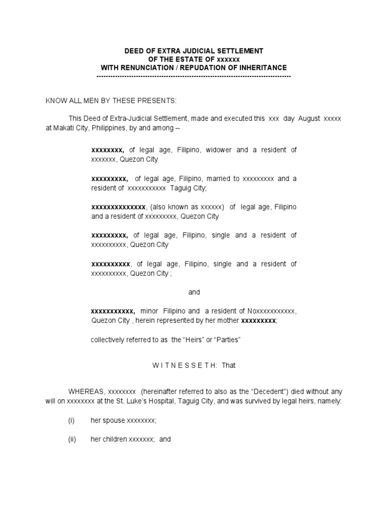 Extra Judicial Settlement of Estate | PDF | Inheritance | Civil Law ... Extra Judicial Settlement of Estate | PDF | Inheritance | Civil Law ...