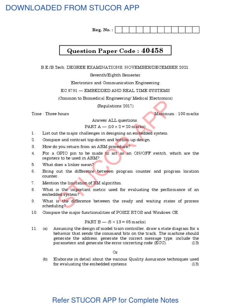 Embedded and Real Time Systems Question Paper Code: 40458 | PDF | Subroutine | Embedded System