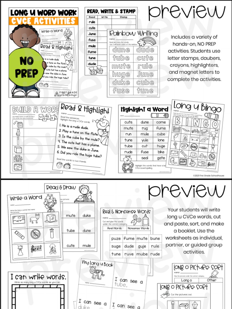 Long U Vowel Worksheets and Activities Preview | PDF