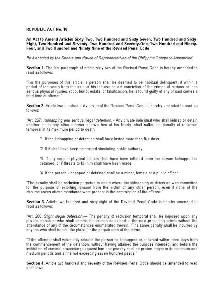 REPUBLIC ACT No 18 An Act To Amend Articles of The Revised Penal Code | PDF | Public Sphere ...