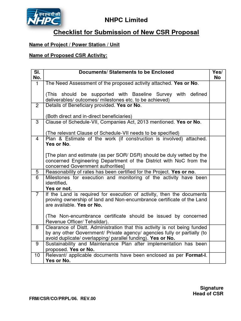 2-2-Checklist For Submission of New CSR Proposal - 1 | PDF