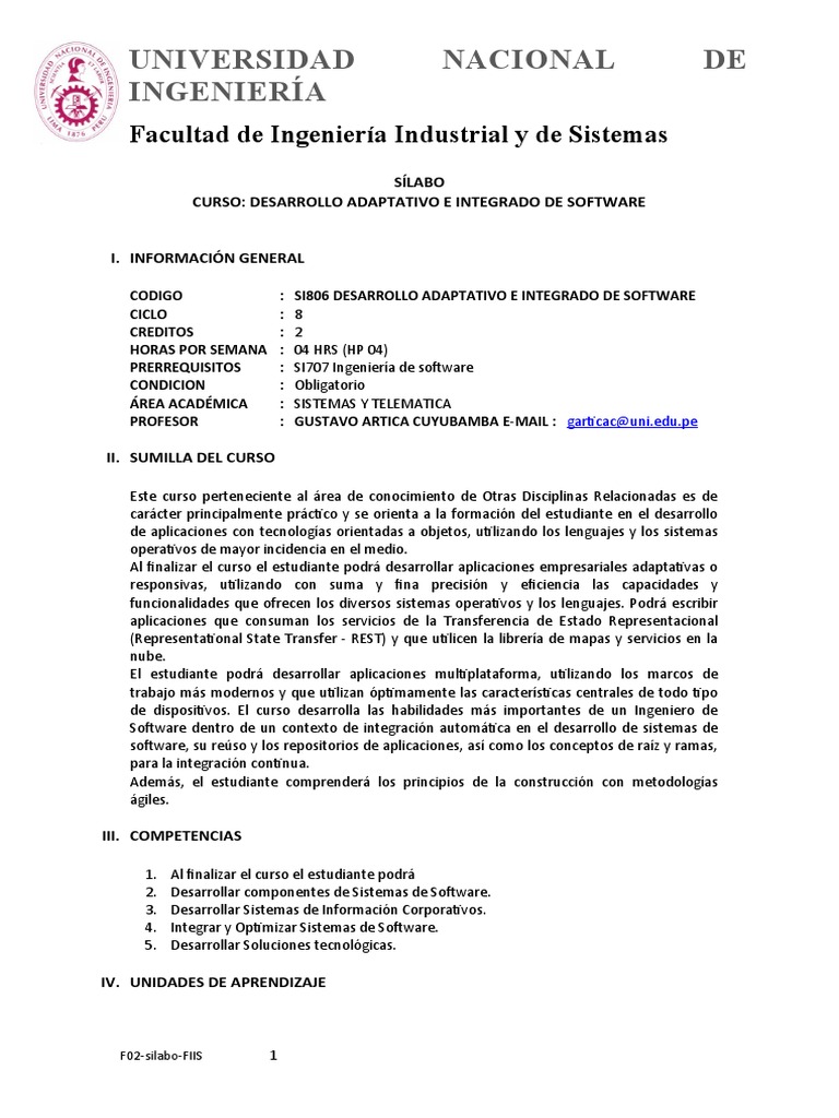 Silabo-Si806 - Desarrollo Adaptativo e Integrado de Software | PDF | Software | Ingeniería