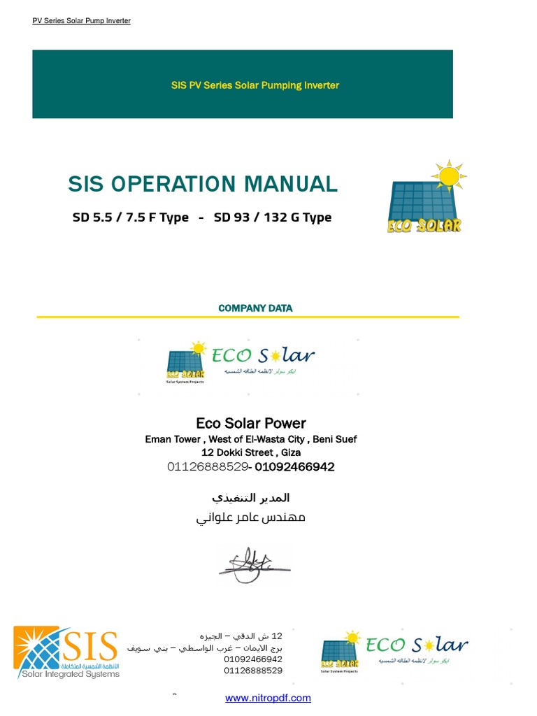 SIS PV Series Solar Pump Inverter Manual | PDF | Solar Power | Electric ...
