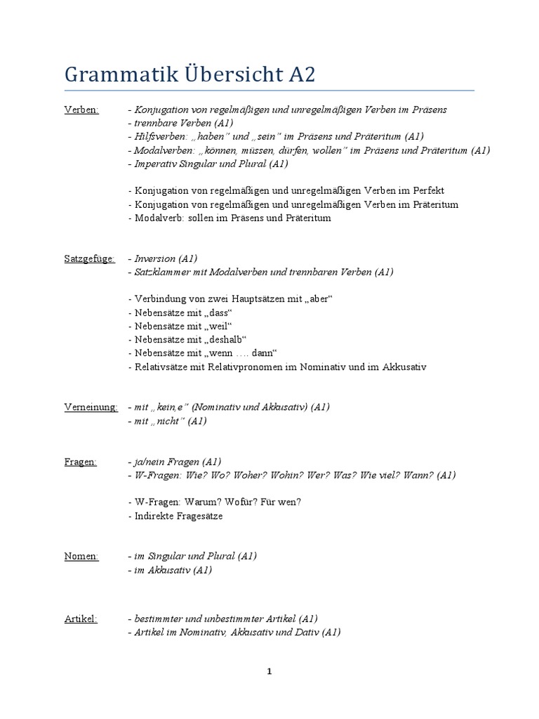 Grammatik Übersicht A2 | PDF
