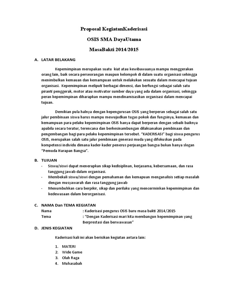 Proposal Kegiatan Kaderisasi OSIS SMA Daya Utama | PDF