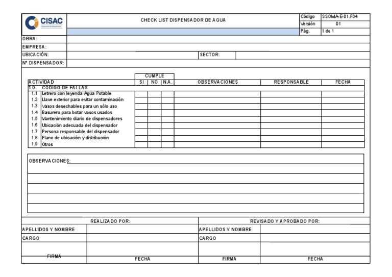 SSOMA-E-01.F04 Check List Dispensador de agua | PDF