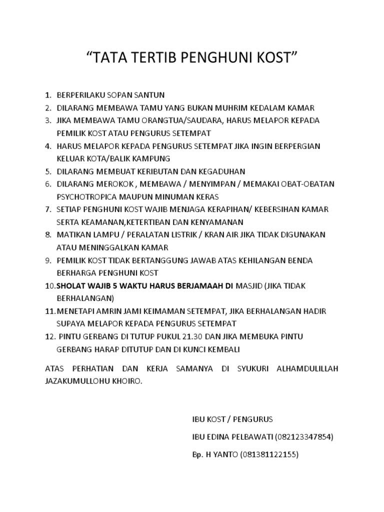 Tata Tertib Penghuni Kost | PDF