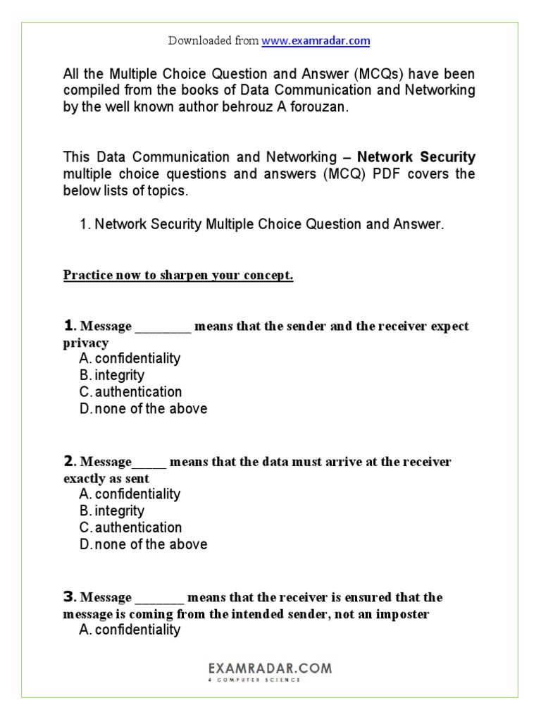 Network Security Multiple Choice Questions and Answers PDF ExamRadar ...