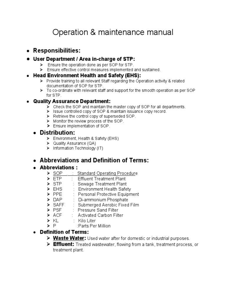 Operation & Maintainence Manual For STP | PDF | Sewage Treatment ...