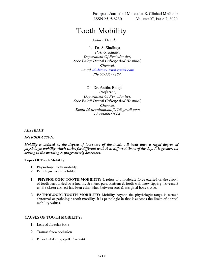 Tooth Mobility in Periodontics | PDF | Periodontology | Tooth