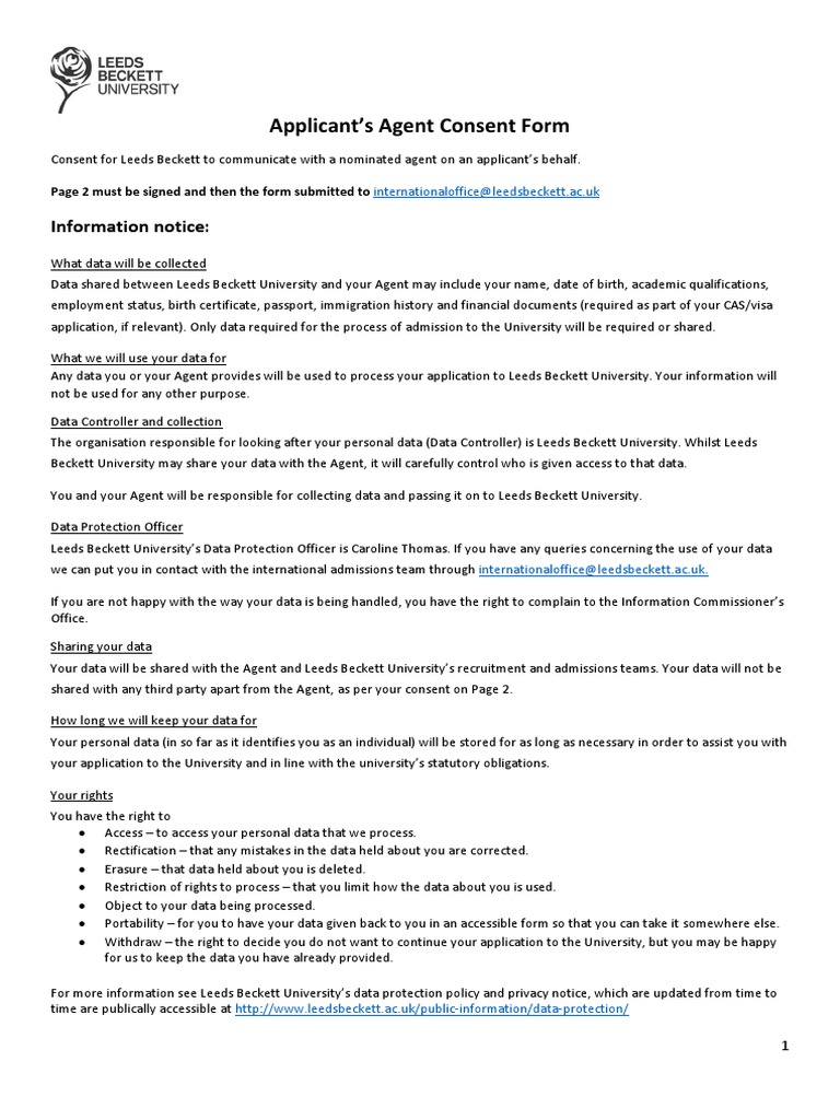 Leeds Beckett Applicant Consent Form | PDF | Information Privacy | Data