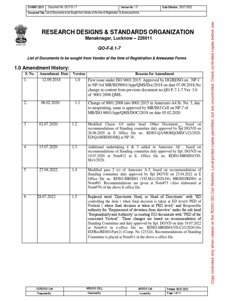 QO F 8 1 7 Ver 1 5 List of Documents and Forms To Be Sought From Vendor ...