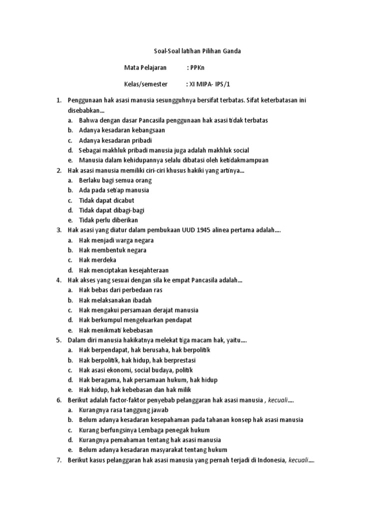 Soal Latihan PPKn Kelas XI: HAM & Demokrasi | PDF | Politik