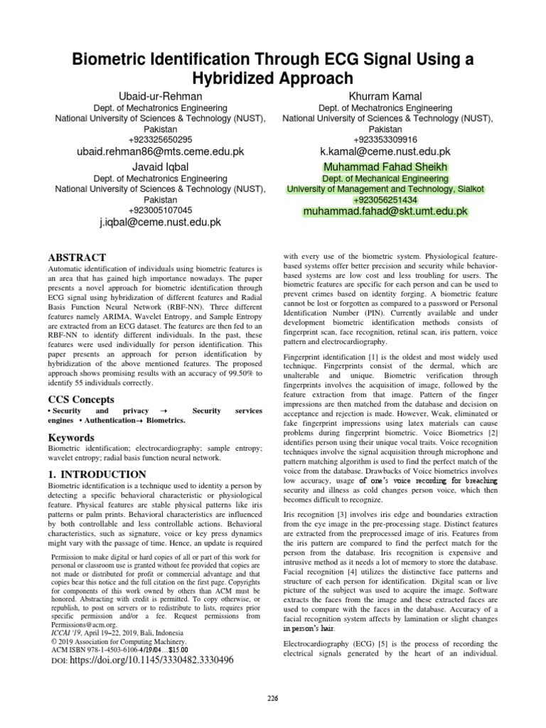 Biometric Identification Through Ecg Signal Using A Hybridized Approach Pdf Wavelet Biometrics