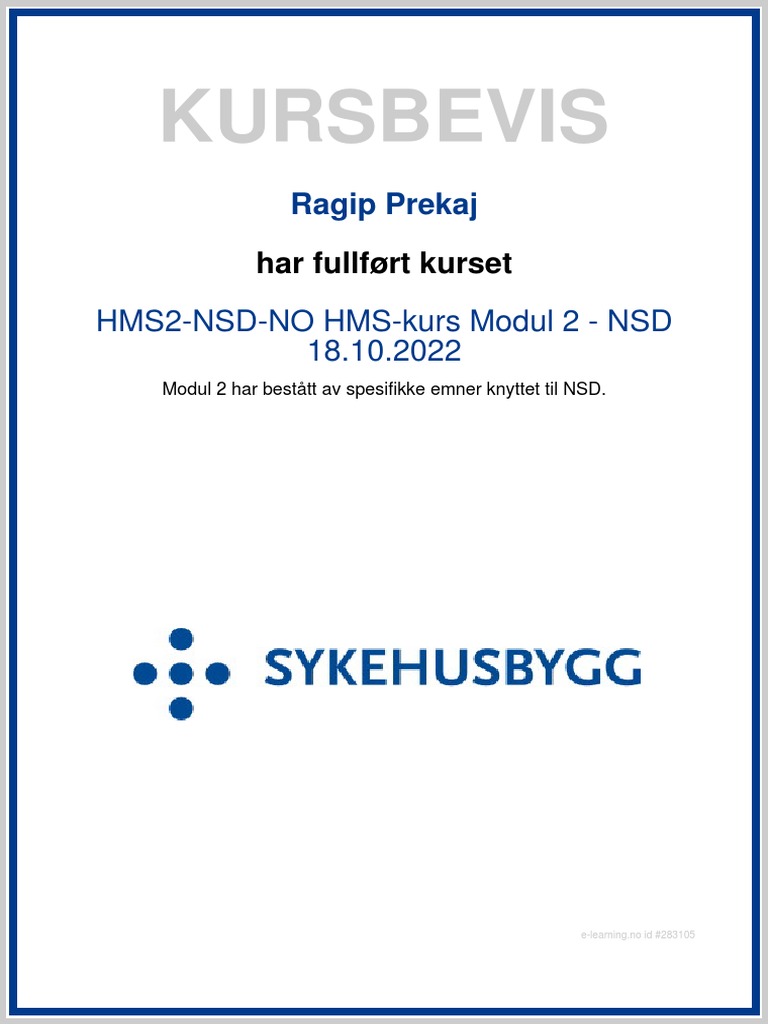 Kursbevis: HMS2-NSD-NO HMS-kurs Modul 2 - NSD 18.10.2022 | PDF