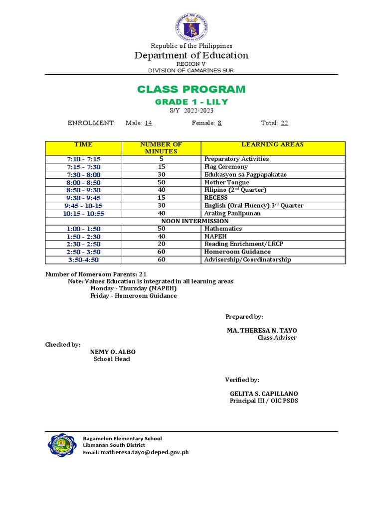 Class Program g3 Dahlia Sy 2022 2023 Catherine C. Castellon | PDF | Educational Institutions ...
