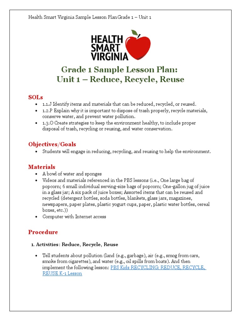Grade 1 Lesson: Reduce, Reuse, Recycle | PDF | Recycling | Reuse