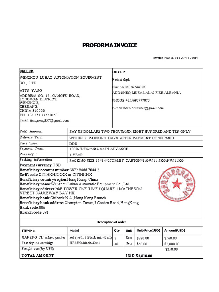 Proforma-Invoice For TIJ Inkjet Printer A6-JNY1127112901 | PDF