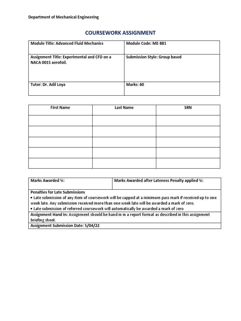 Coursework Assignment Brief Sheet-Cfd-Exp | PDF | Computational Fluid ... Coursework Assignment Brief Sheet-Cfd-Exp | PDF | Computational Fluid ...