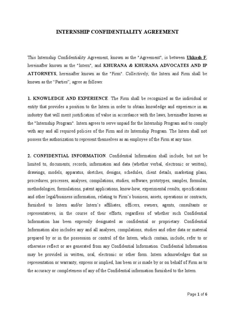 Internship Confidentiality Agreement | PDF | Indemnity | Non Disclosure Agreement