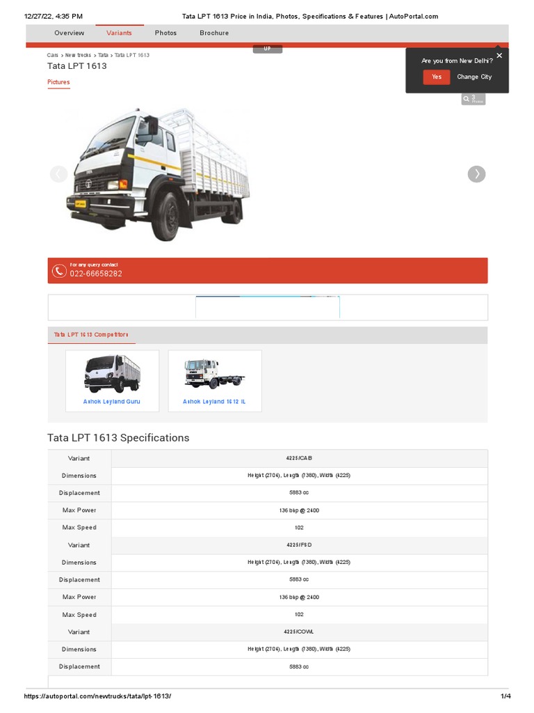 Tata LPT 1613 Specifications | PDF | Truck | Engines