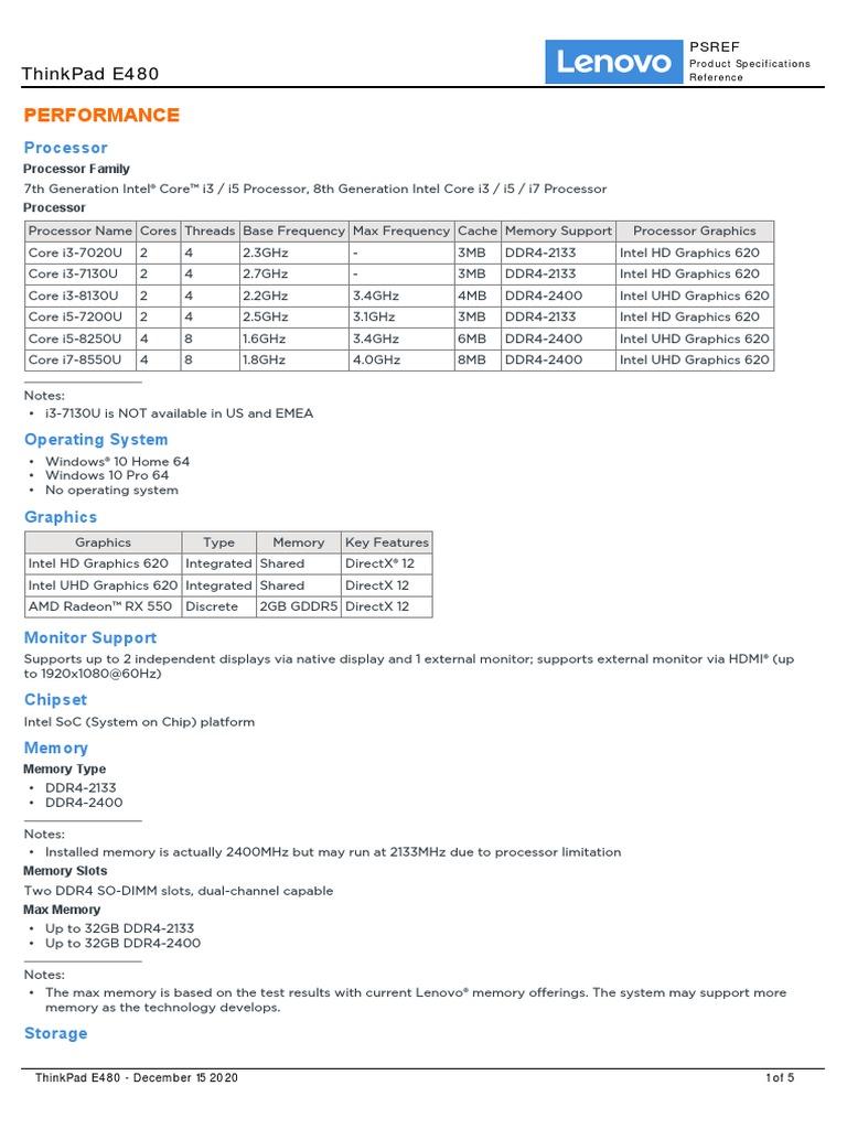 ThinkPad_E480_Spec | PDF | Solid State Drive | Computer Architecture
