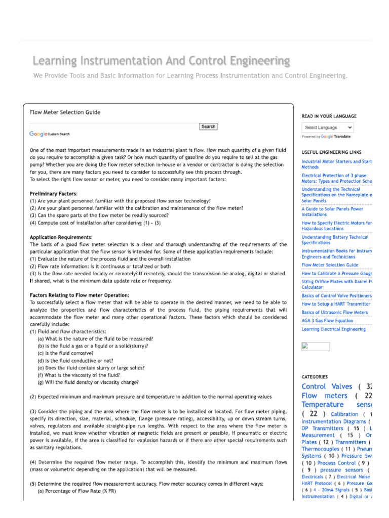 Flow Meter Selection Guide - Learning Instrumentation and Control Engineering | PDF
