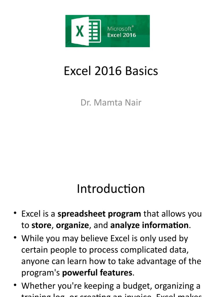 Excel 2016 Basics Lecture 1 | PDF | Microsoft Excel | Computer File