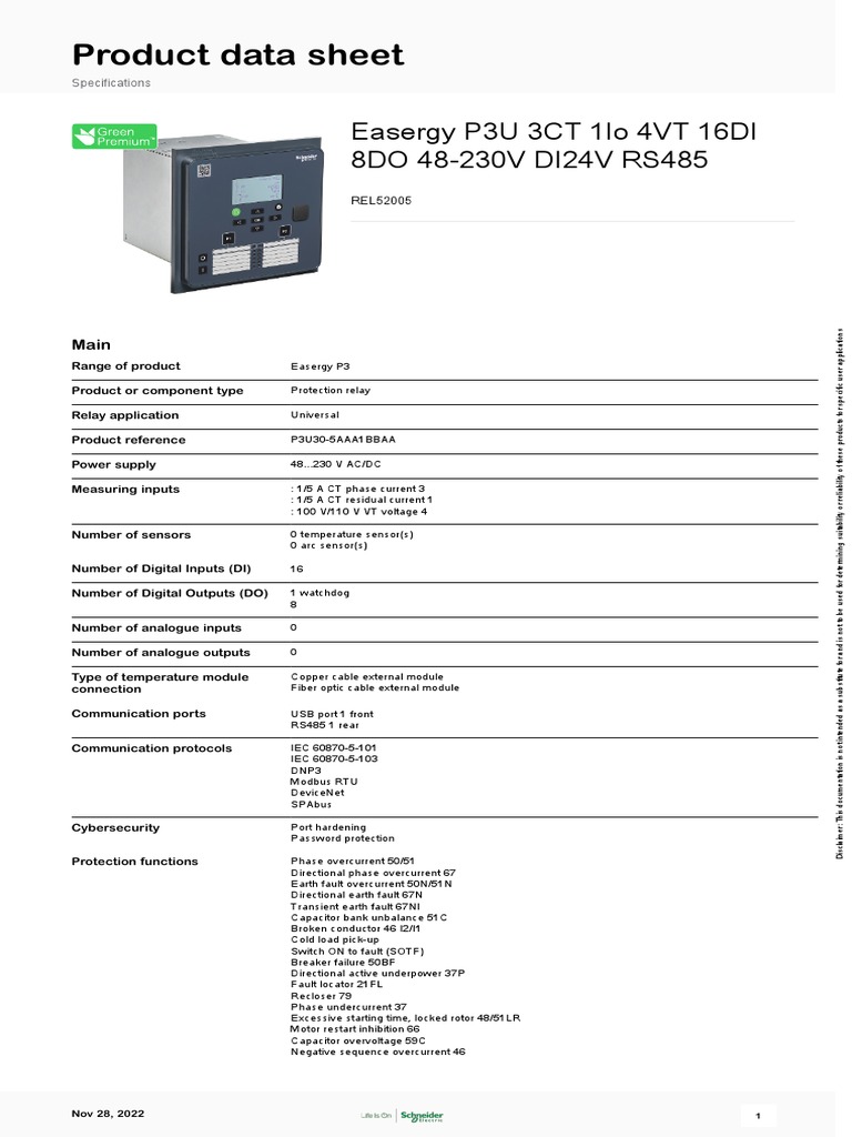 Easergy P3U30 Relay Data Sheet | PDF | Ac Power | Electromagnetic ...