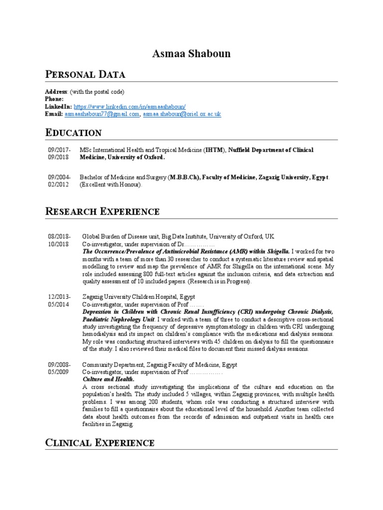 CV Template (Asmaa Shaboun Version) | PDF | Doctor Of Medicine | Hospital