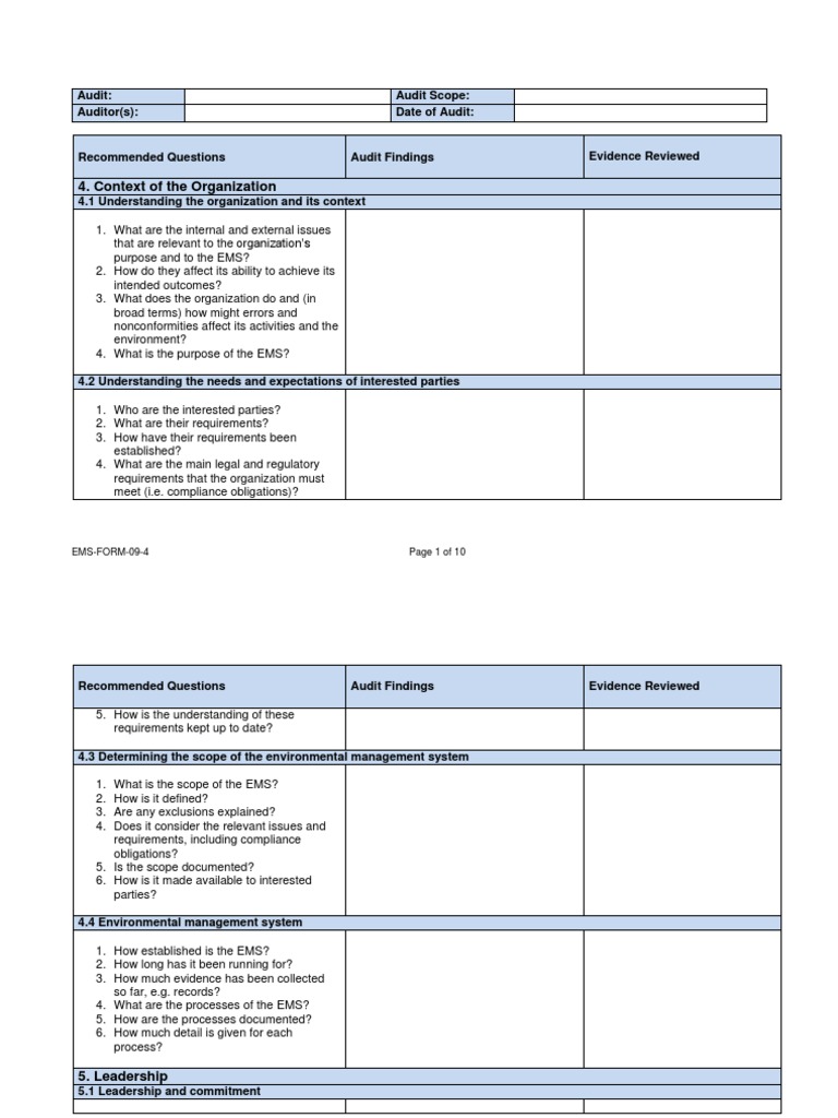 Internal Audit Checklist 14001 | PDF | Audit | Internal Audit
