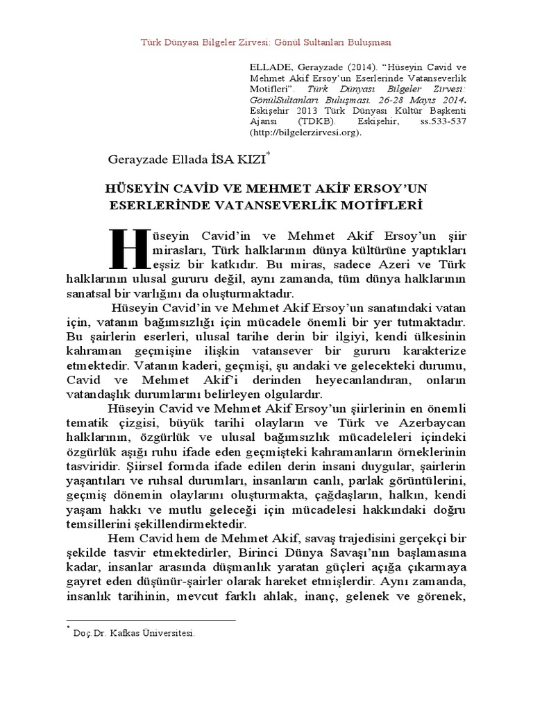 Hseyn Cavd Ve Mehmet Akf Ersoy Un Eserlernde Vatanseverlk Motfler | PDF