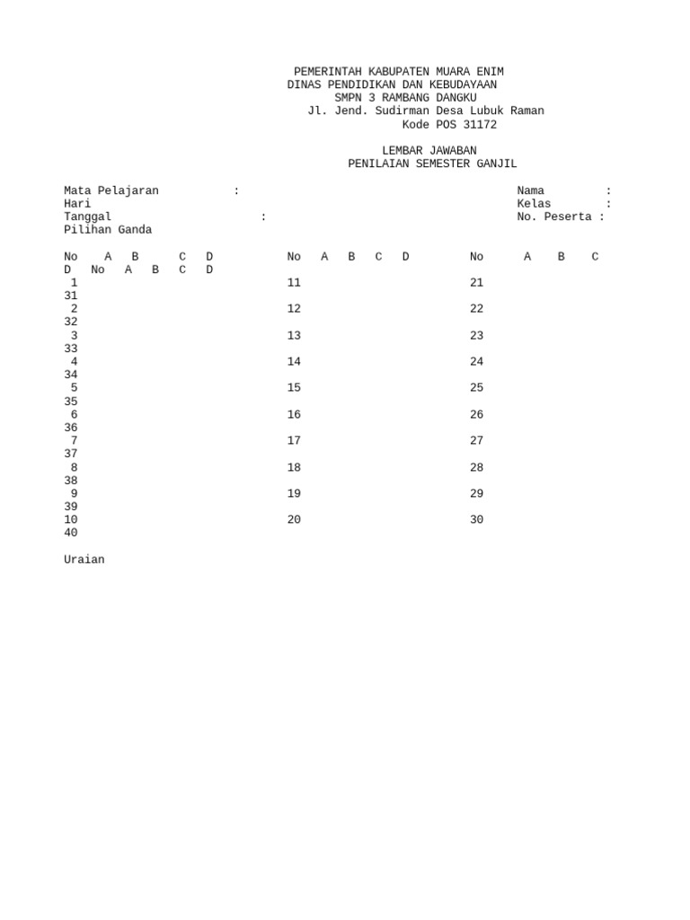 Lembar Jawaban 40 Soal PG Dan Uraian | PDF