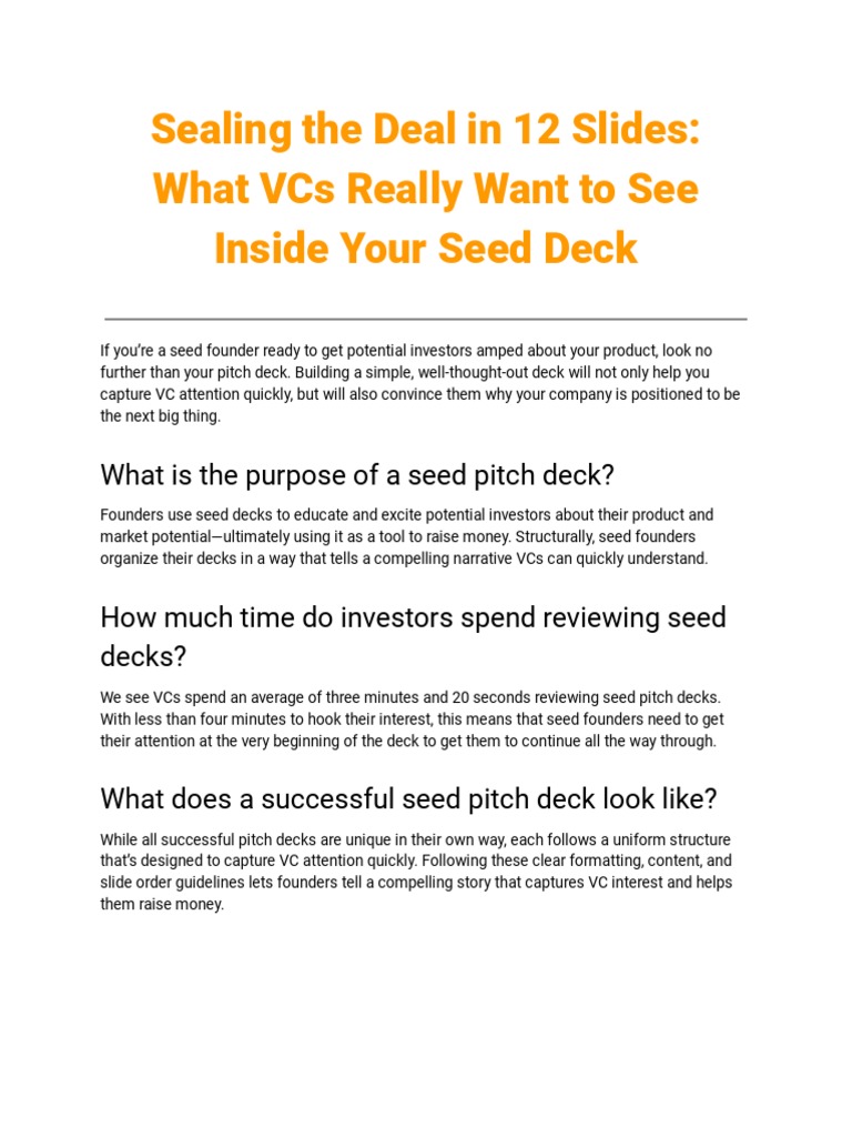 What VCs Really Want To See Inside Your Seed Deck | PDF | Venture ...