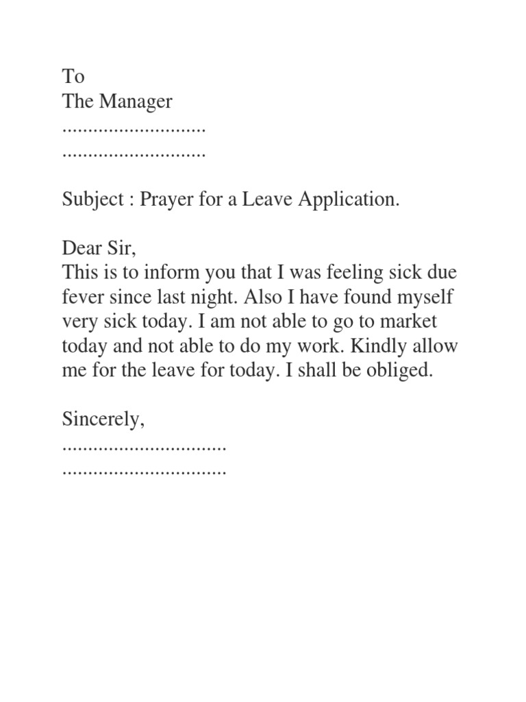Request for Sick Leave Due to Fever and Illness Preventing Ability to ...