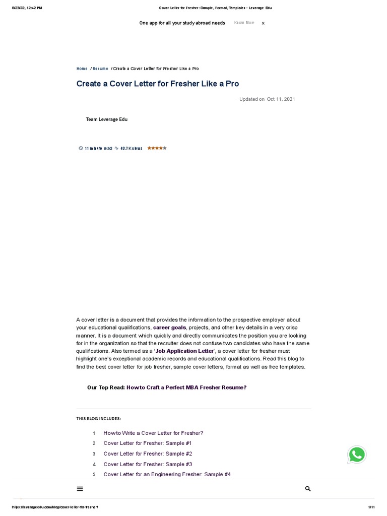 Cover Letter For Fresher - Sample, Format, Templates - Leverage Edu ...