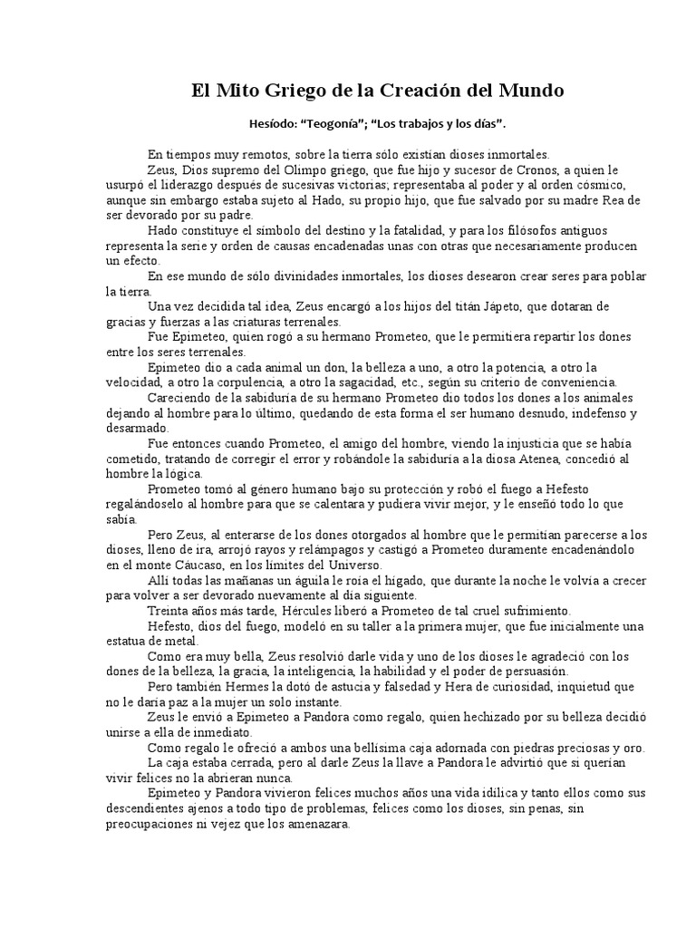 Explicación Griega de La Creación Del Mundo y Del Hombre | PDF | Prometeo | Mitología