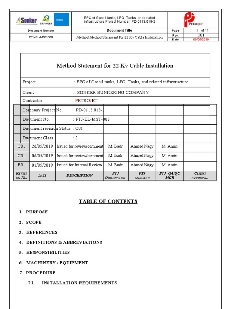 1 - Method Statement For 22Kv Cable Installation Rev c02 | PDF | Trench ...