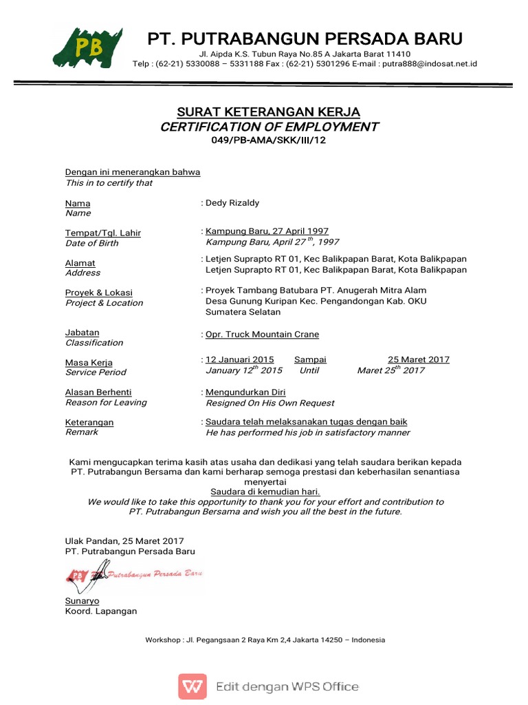 DEDY SENJOL Opr - Crane - Surat-Pengalaman-Kerja | PDF