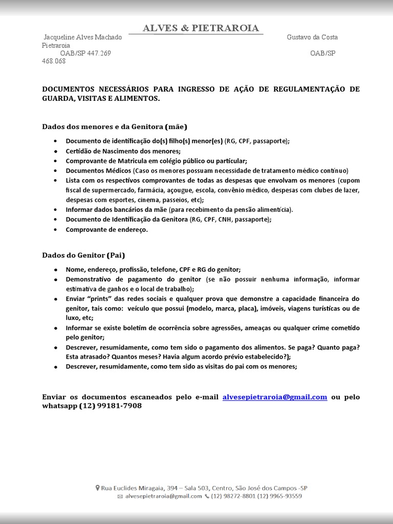 Documentos necessários para ação de regulamentação de guarda, visitas e ...