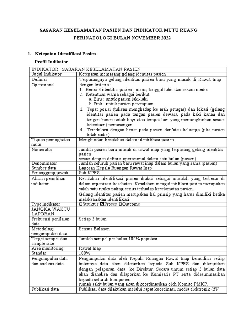 Sasaran Keselamatan Pasien Dan Indikator Mutu Ruang Perinatologi Bulan November 2022 | PDF