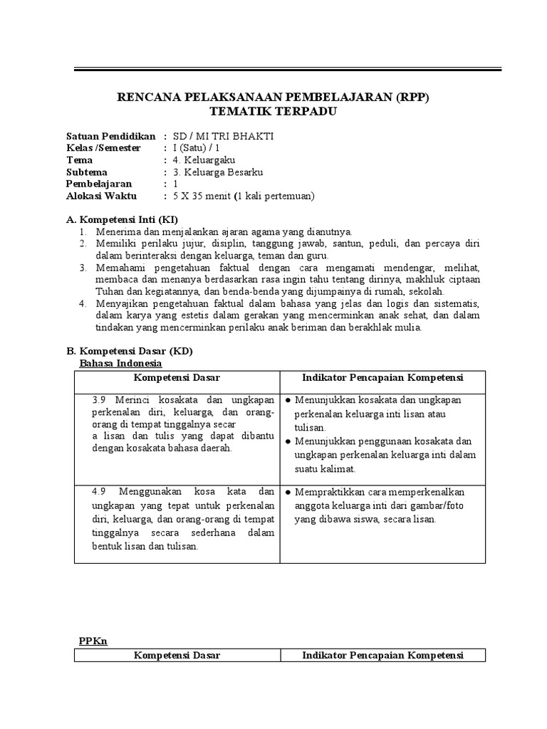 RPP Kelas 1 Tema 4 Subtema 3 | PDF