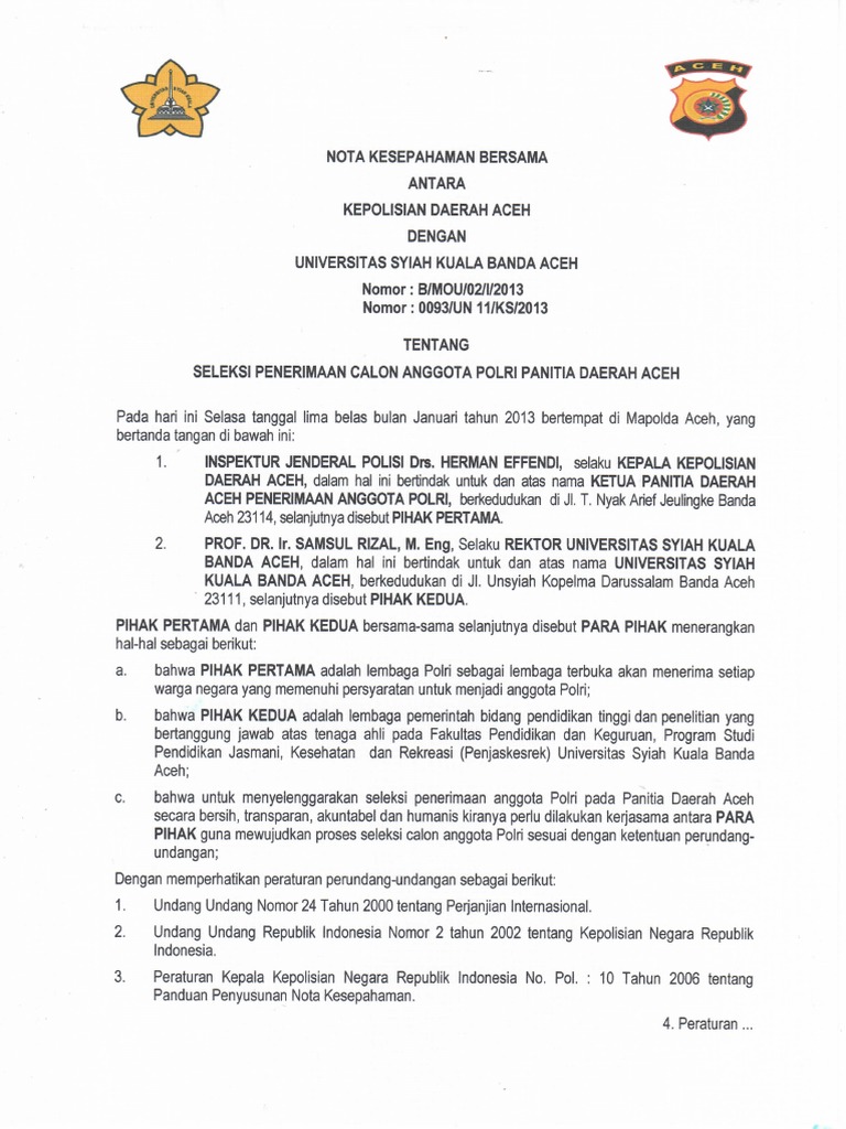 Nota Kesepahaman Bersama Seleksi Penerimaan Calon Anggota Polri Panitia Daerah Aceh Universitas ...