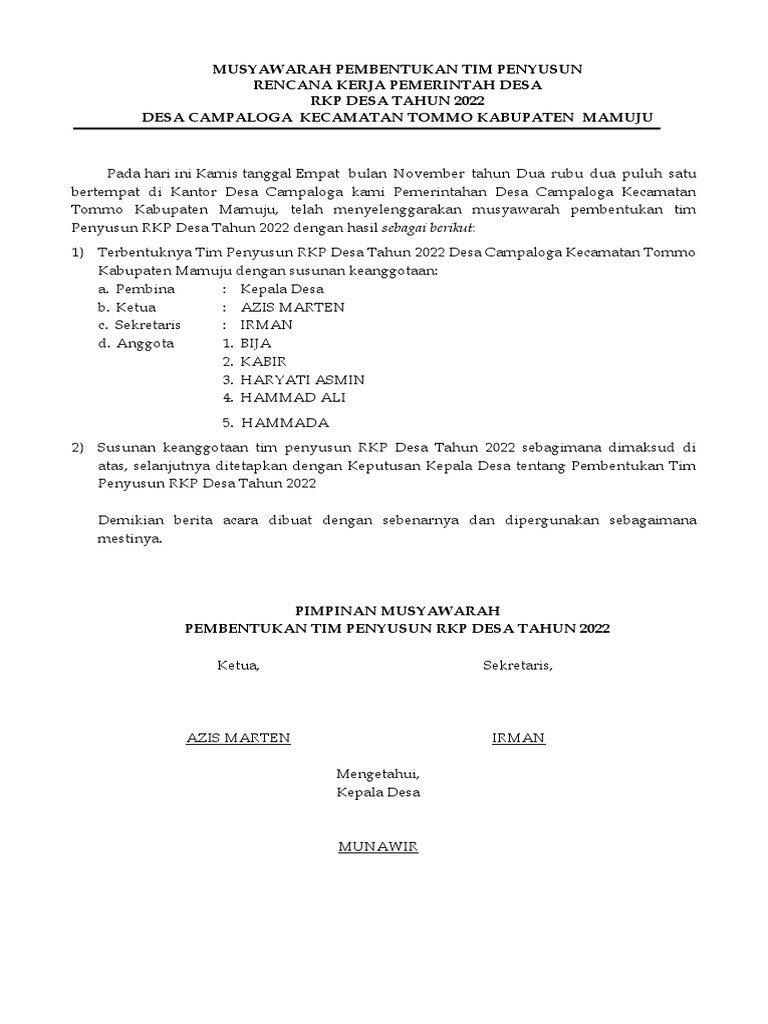 BA. Pembentukan Tim Penyusun RKP Desa 2022 | PDF