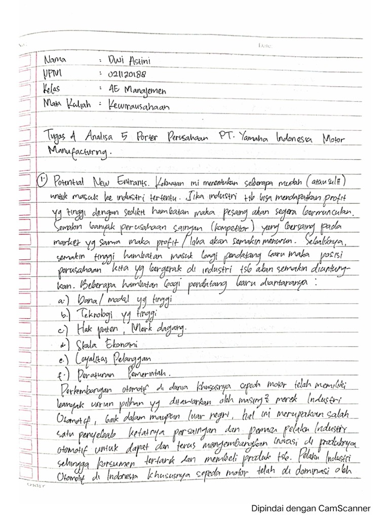 Tugas 4 Analisa 5 Porter PT. Yamaha Indonesia Motor-Dwi Astini-021120188-4EMNJ | PDF